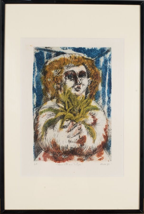 Jean Revol | Young girl with tulips (1987) | MutualArt