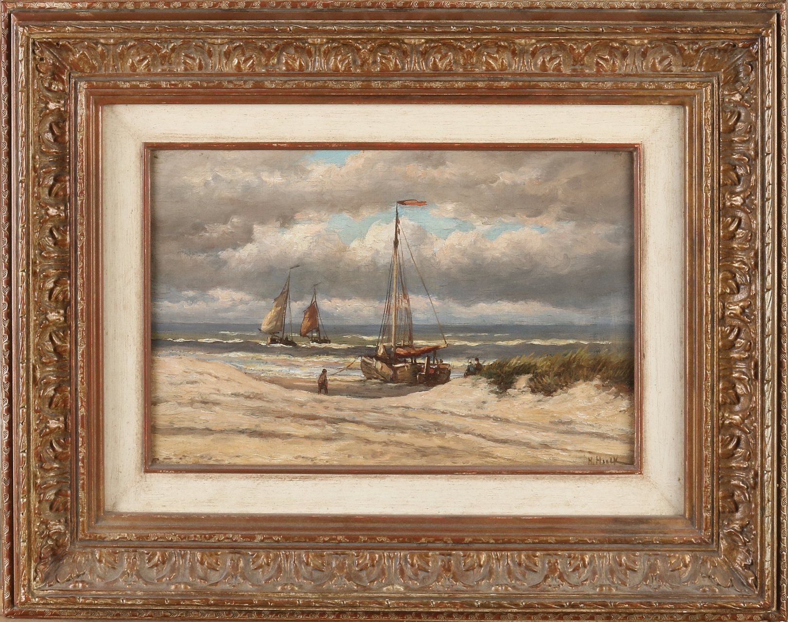 Hendrik Hulk | Dutch beach scene with barges and fishermen | MutualArt