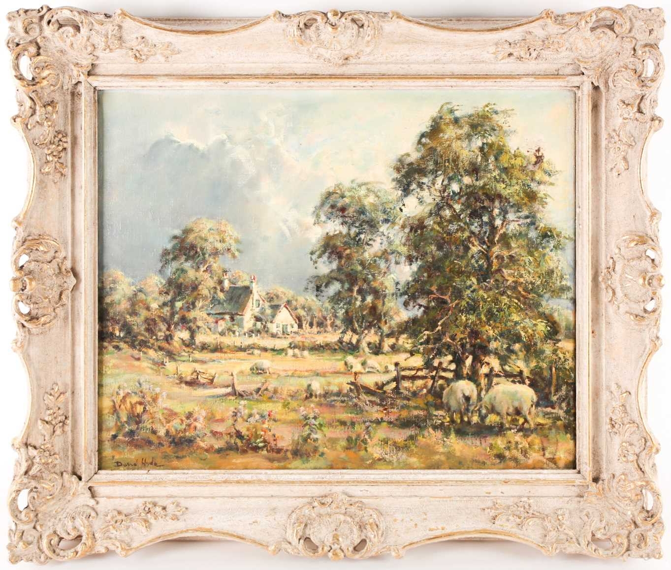 David Hyde | A cottage in a rural landscape with sheep grazing | MutualArt