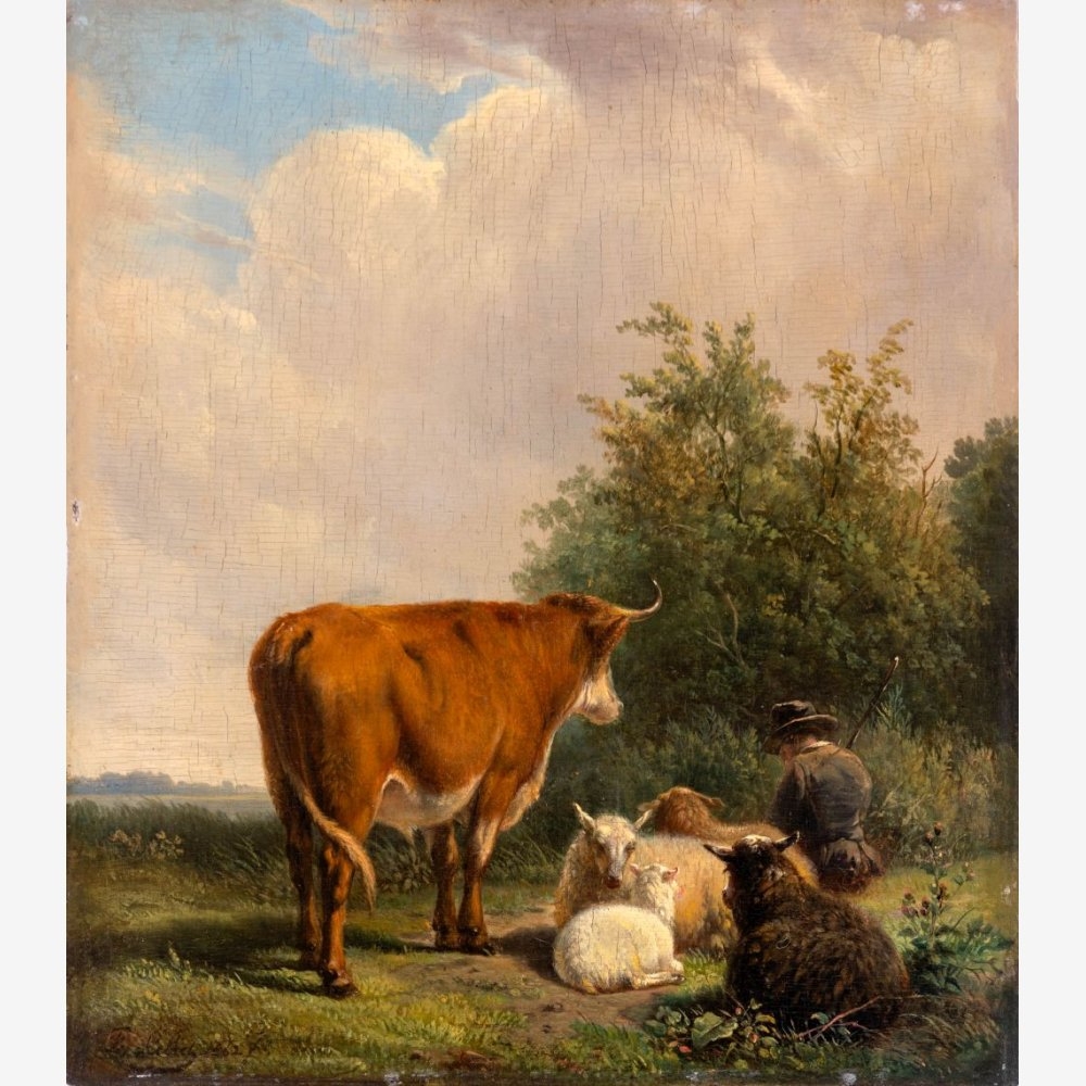 Frans Lebret | Hirte mit Kuh und ruhenden Schafen (1862) | MutualArt
