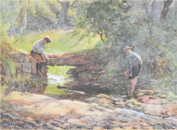 Walter Emsley | Two Men Fishing in a Stream (1901) | MutualArt