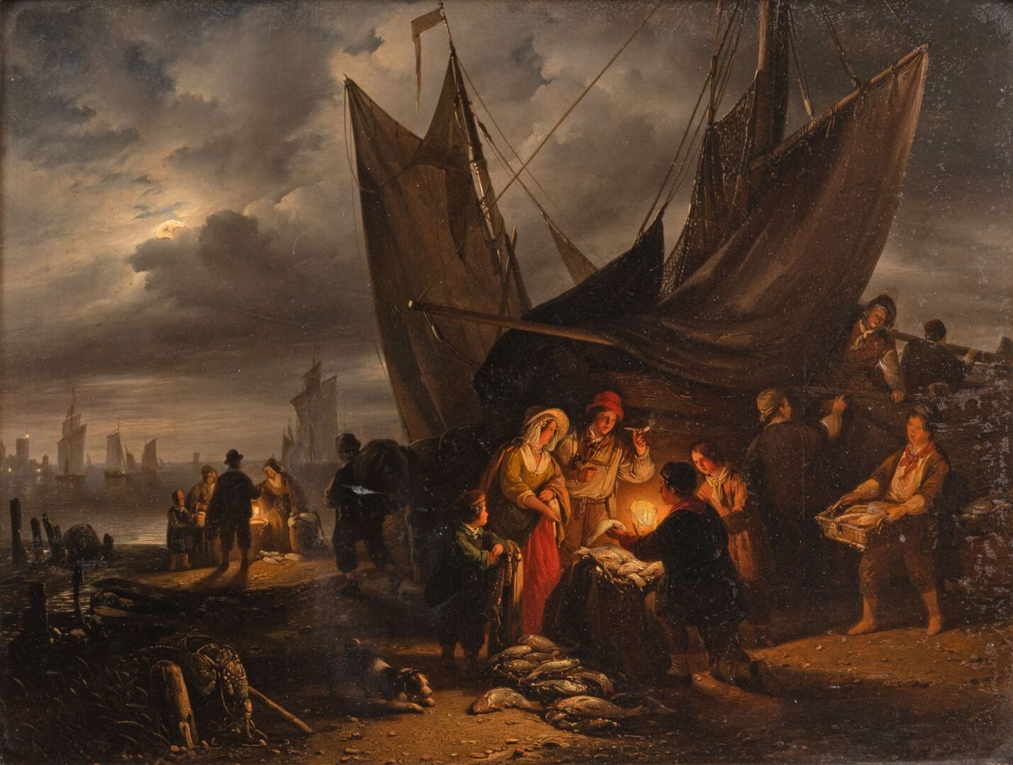 Georg Gillis Haanen | Fish market by candlelight on a beach | MutualArt