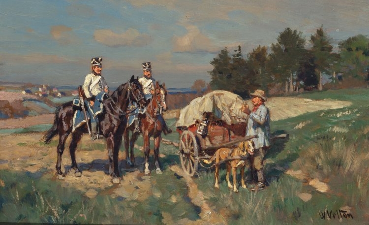 Wilhelm Velten | Soldaten zu Pferd kontrollieren einen Landstreicher ...
