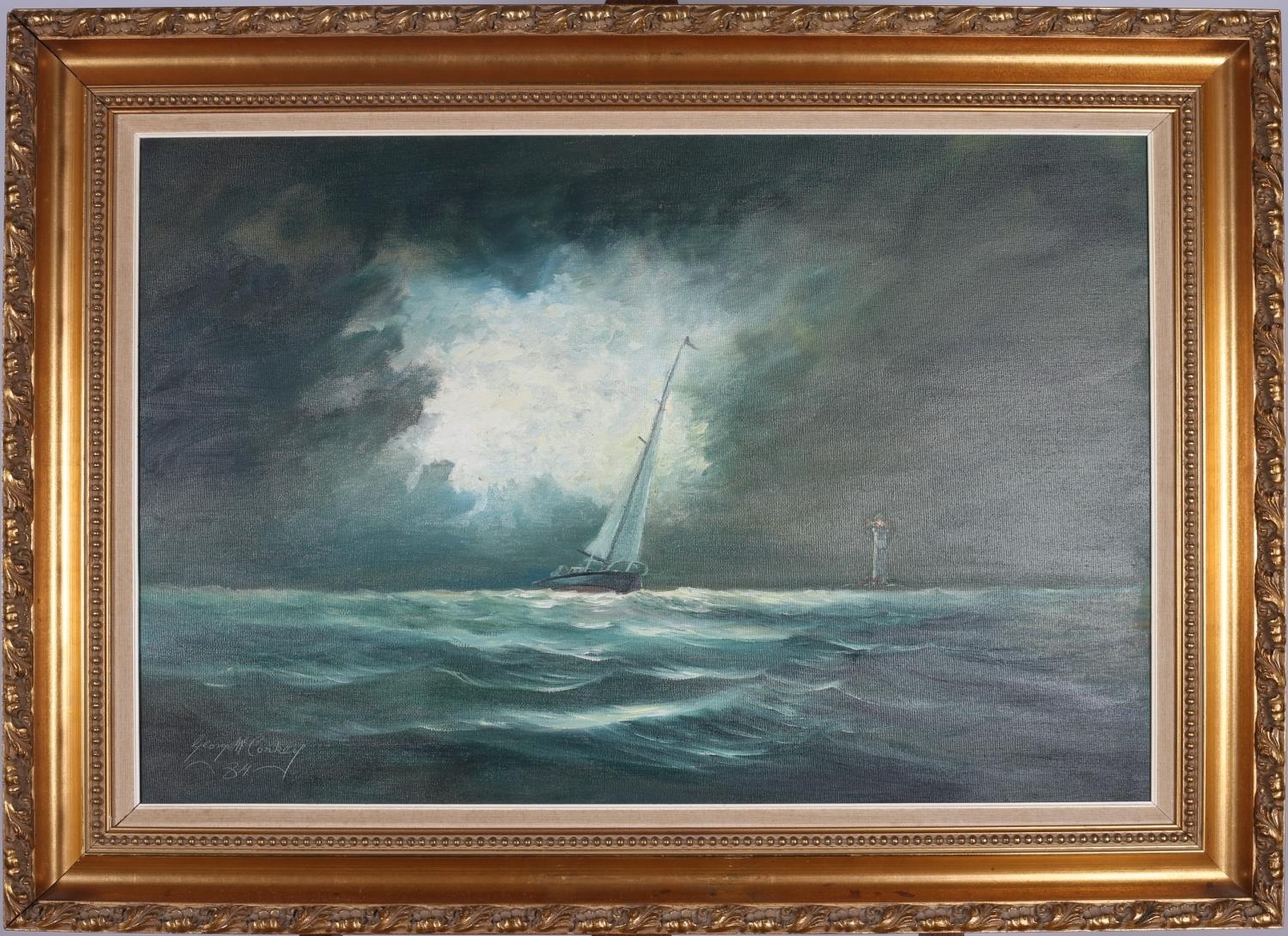 George McConkey | SAILING BOAT WITH LIGHTHOUSE IN FOREGROUND (84 ...