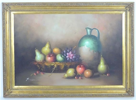 Frank Lean | A still life study with fruit in a basket with a jug (20th ...