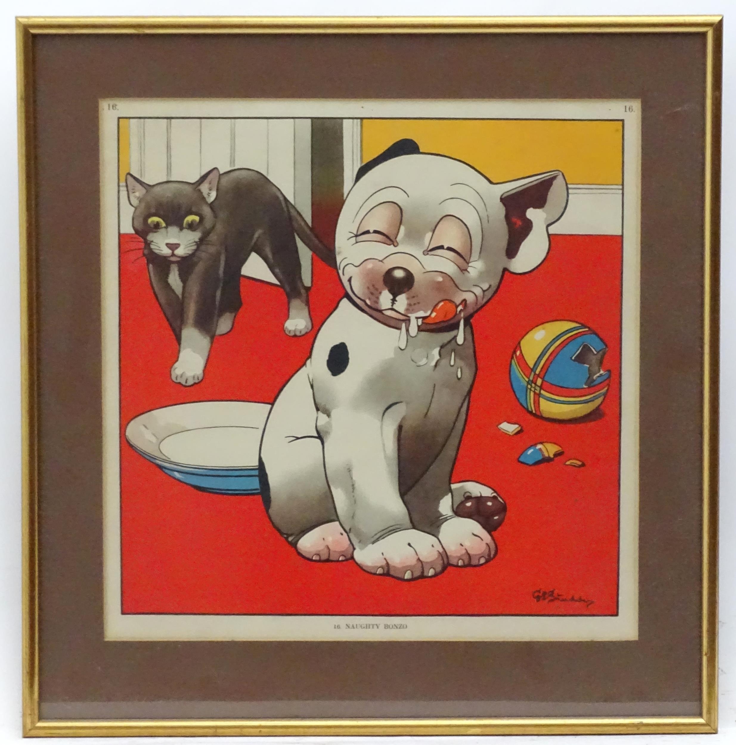 George Ernest Studdy | Bonzo the dog enjoying the cat's milk | MutualArt