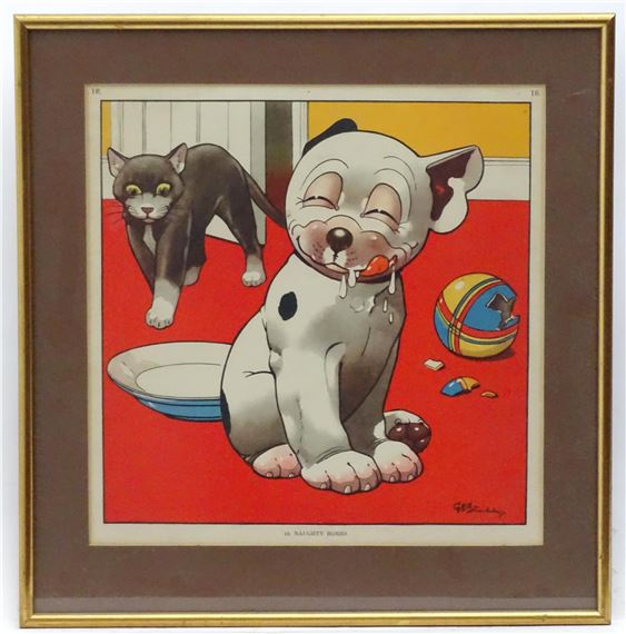 George Ernest Studdy | Bonzo the dog enjoying the cat's milk | MutualArt