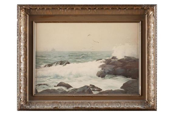 George F. Schultz | A rocky shoreline with distant silhouettes of ships ...