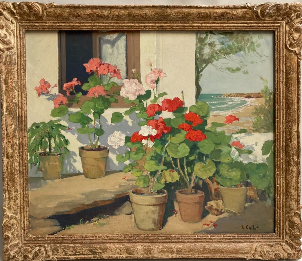 Henri Eugène Callot | ILE D'YEU, GERANIUMS IN FRONT OF THE SEA | MutualArt