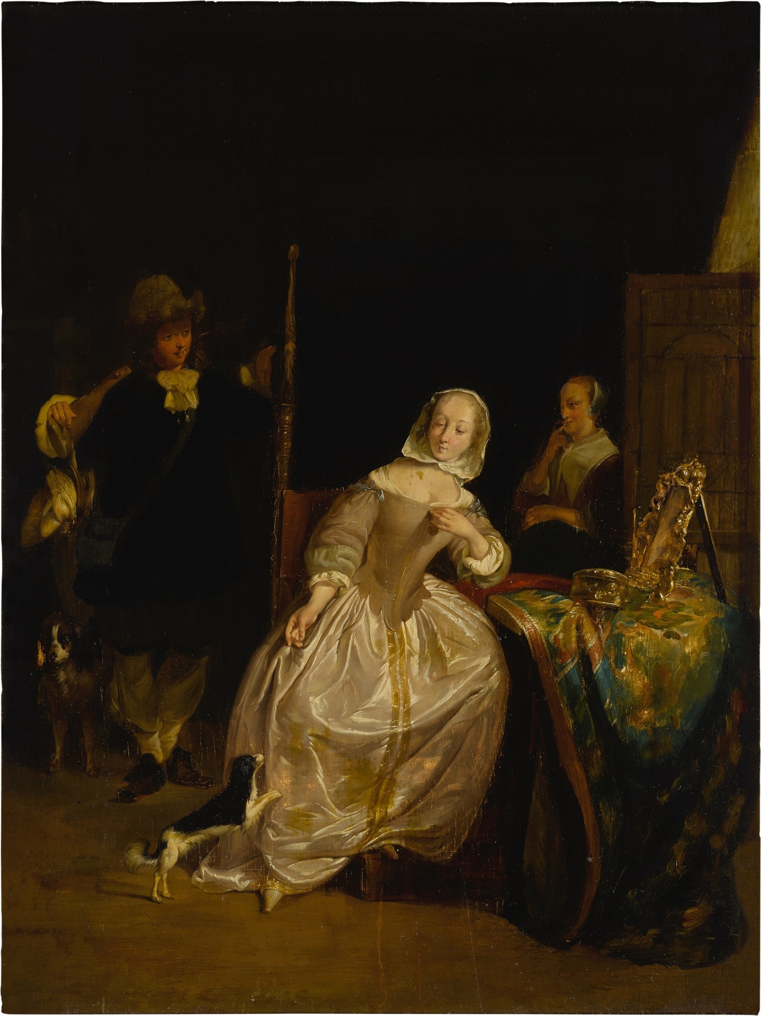Gabriel Metsu | A man returning from a hunt, greeted by a lady in an ...