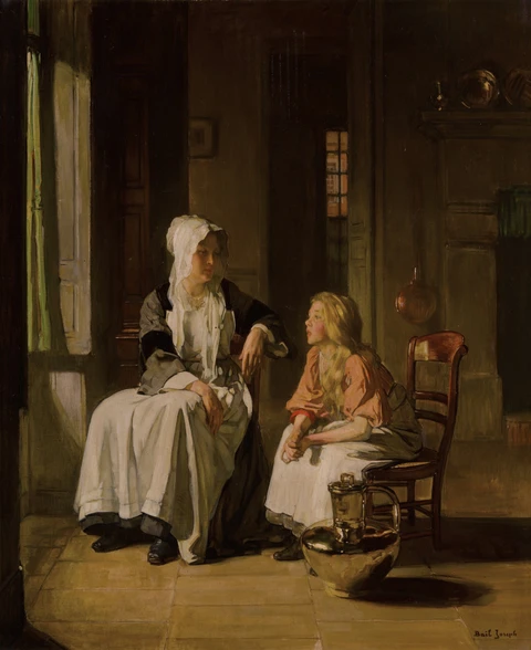 Joseph Bail | Young girl sewing near a window | MutualArt