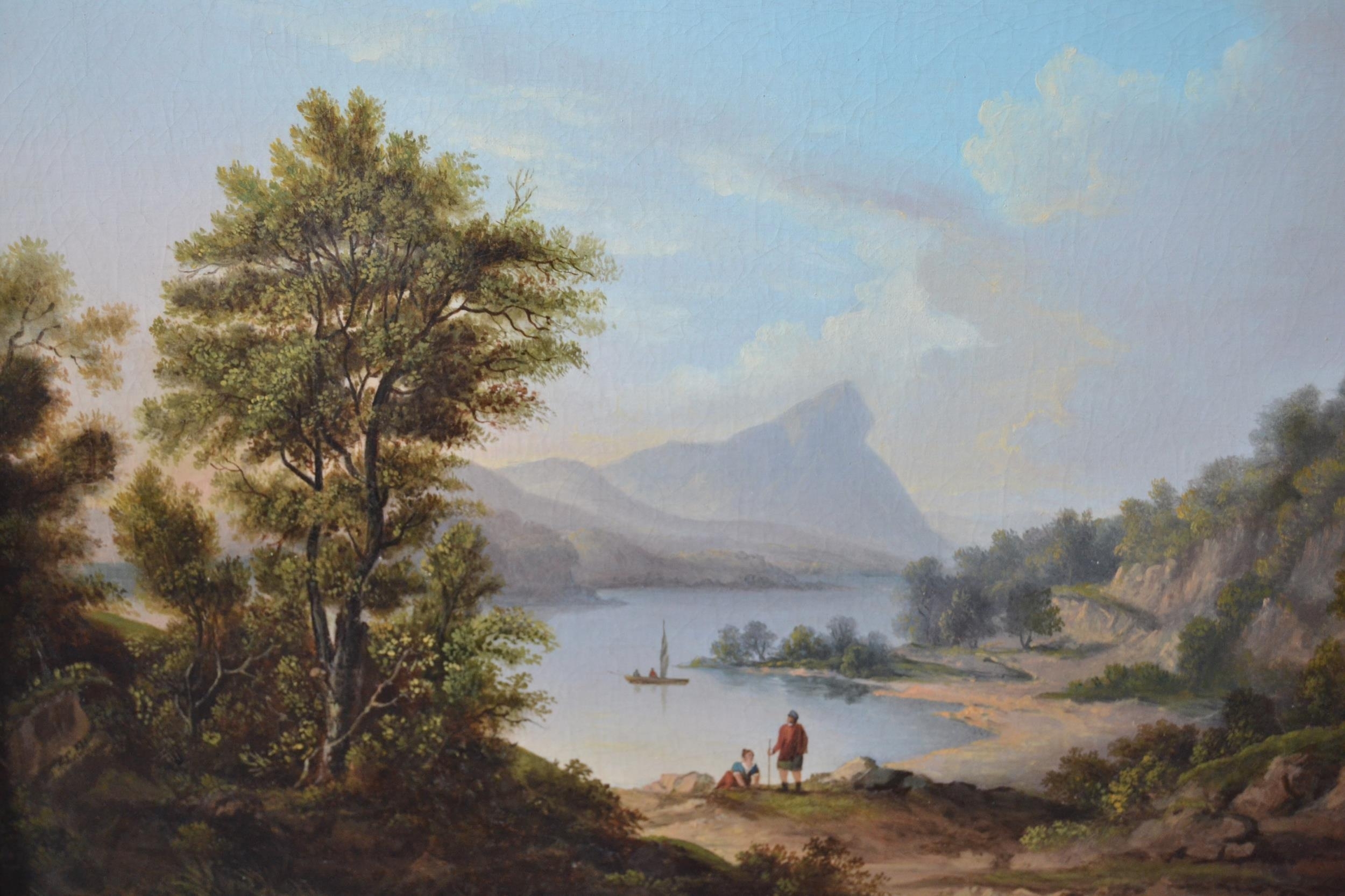 Alexander Nasmyth | Extensive landscape with two figures to the foreground, a boat on a lake ...
