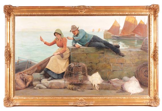 Percy Robert Craft | Harbour scene with a fisherman and young lady ...