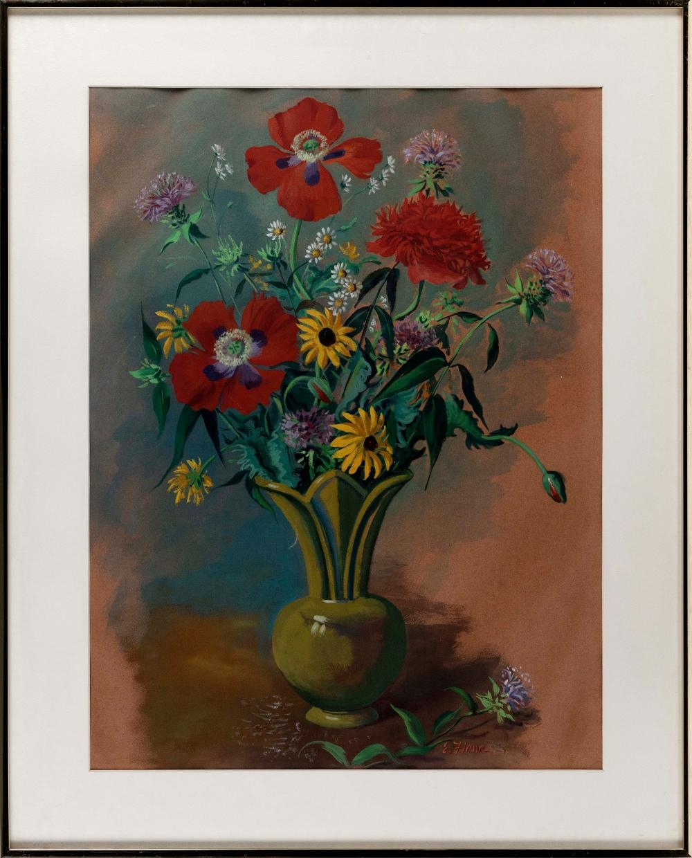 Ernest Fiene | Still life of poppies, black-eyed Susans and dahlia in a ...