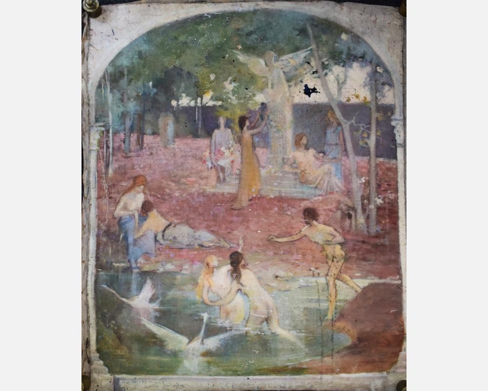 Henri Dabadie | Personnages nus devant une statue dans un parc | MutualArt