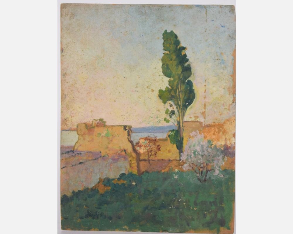 Henri Dabadie | Vue d'un temple en Indochine, Arbre devant la mer/ Olivier et colline, Bord de ...