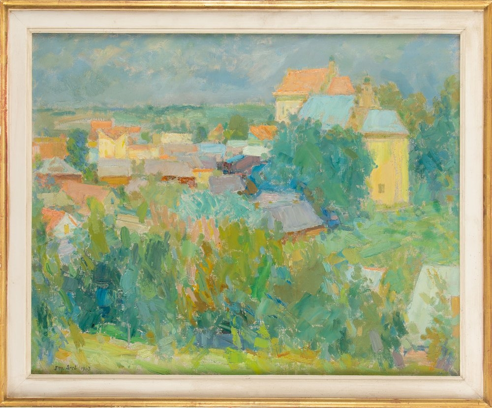 Eugeniusz Arct | Panoramic view of Kazimierz Dolny by the Vistula River ...
