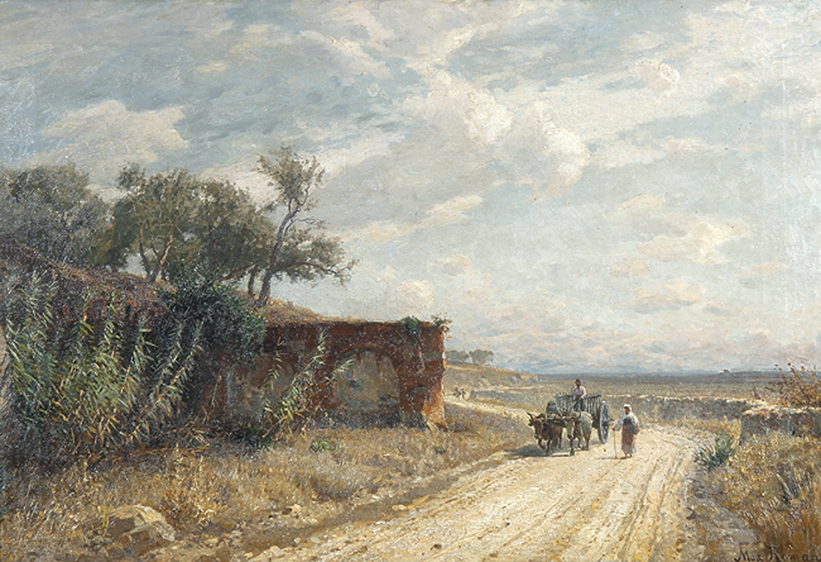 Max Wilhelm Roman | Straße bei Tivoli, mit Bauernpaar und Fuhrwerk bei ...