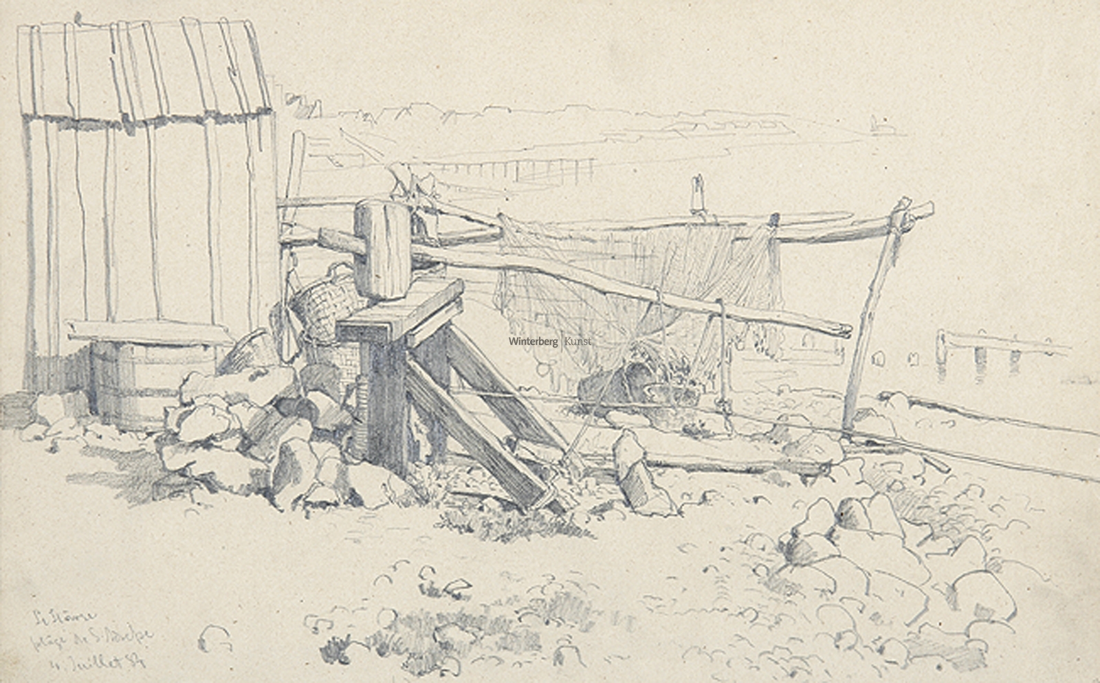 Hermann Petzet | Fischerhütte mit Netzen am Strand von Saint-Adresse ...