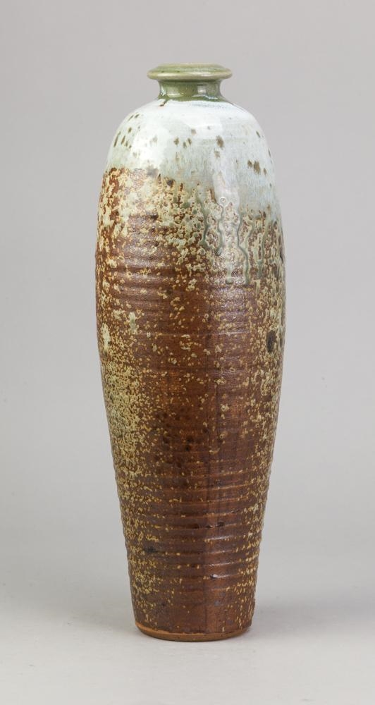 David Frith | a tall stoneware bottle covered in iron glaze with green ...