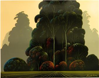 Eyvind Earle | Red Barn and Tree Snow | MutualArt