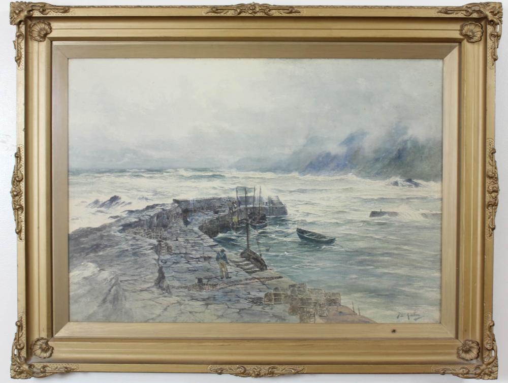 Thomas Swift Hutton | small harbour and stormy seas with crab pots ...