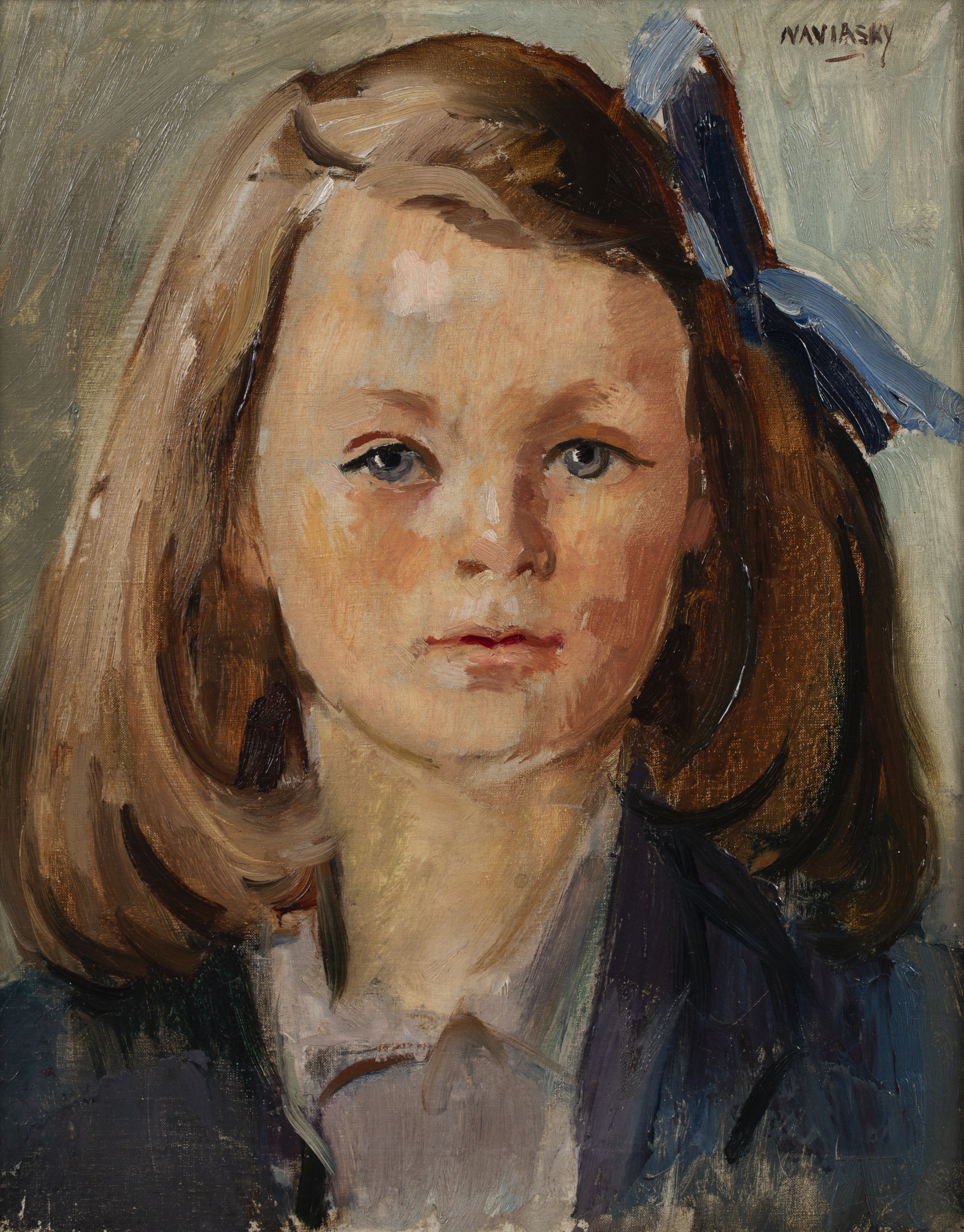 Philip Naviasky | Portrait of a young girl with blue ribbon | MutualArt