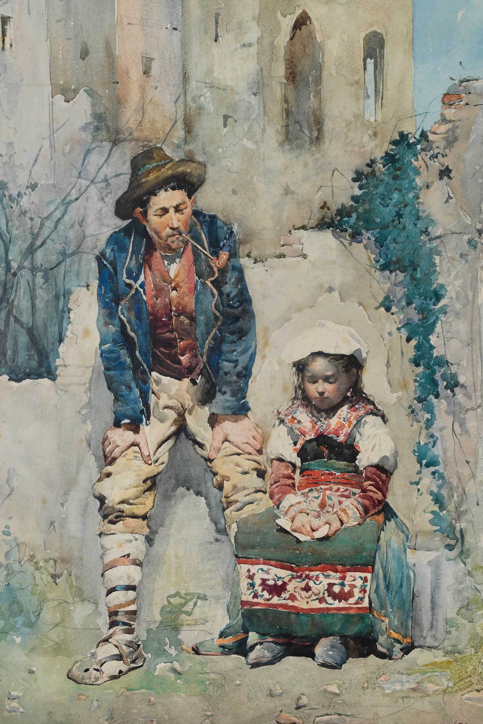 Augusto Corelli | Man With a Young Girl Reading | MutualArt