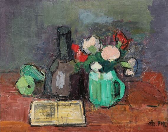 Alexandru Ciucurencu | Still life with flowers and book (1949) | MutualArt