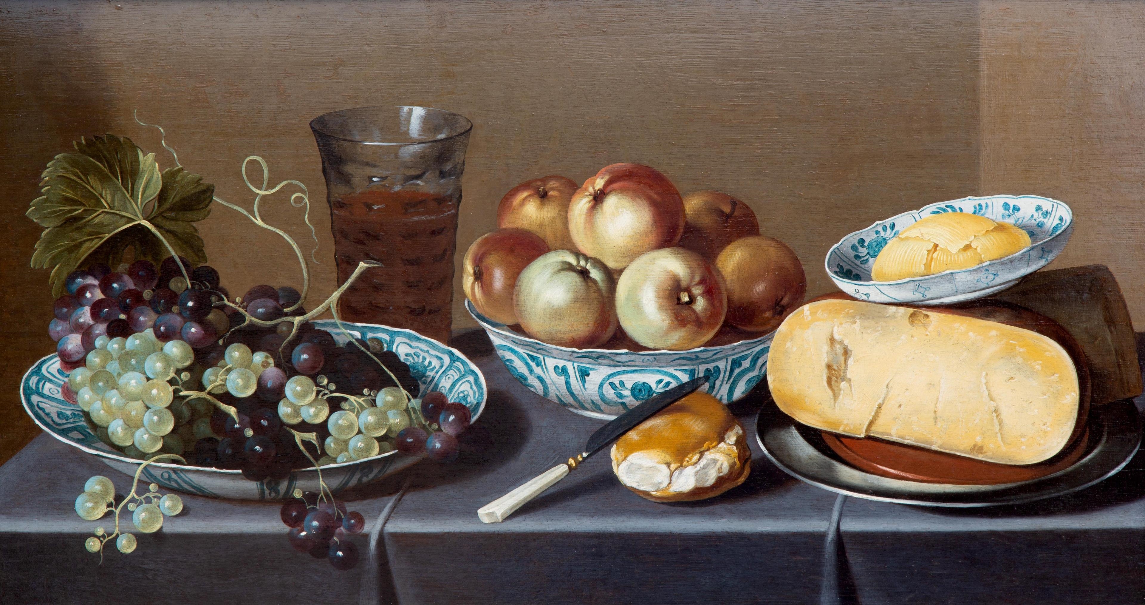 Roelof Koets | A still life with a Dutch cheese, butter, bread, a glass ...