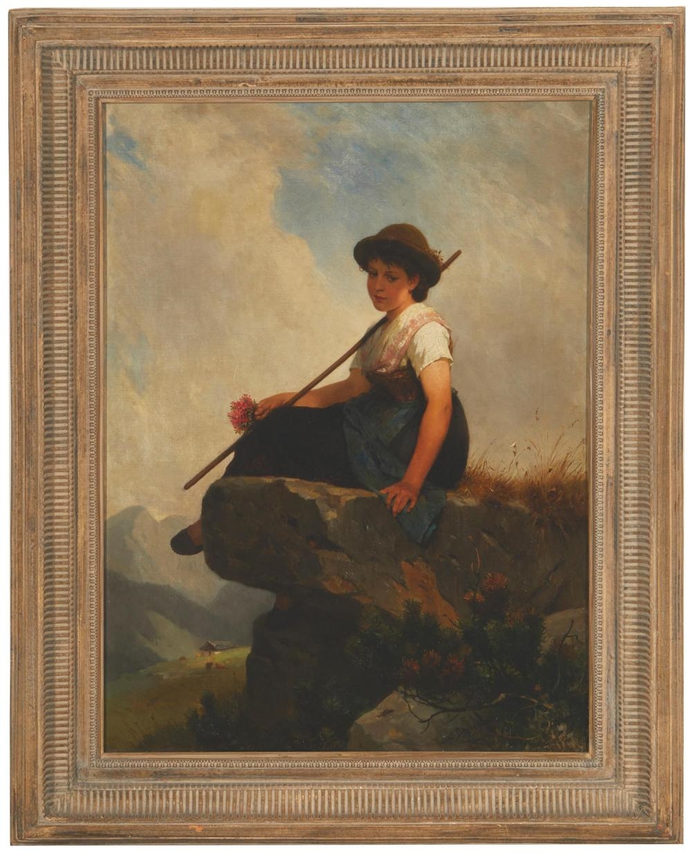 Robert Julius Beyschlag | Shepard girl with staff and flowers | MutualArt
