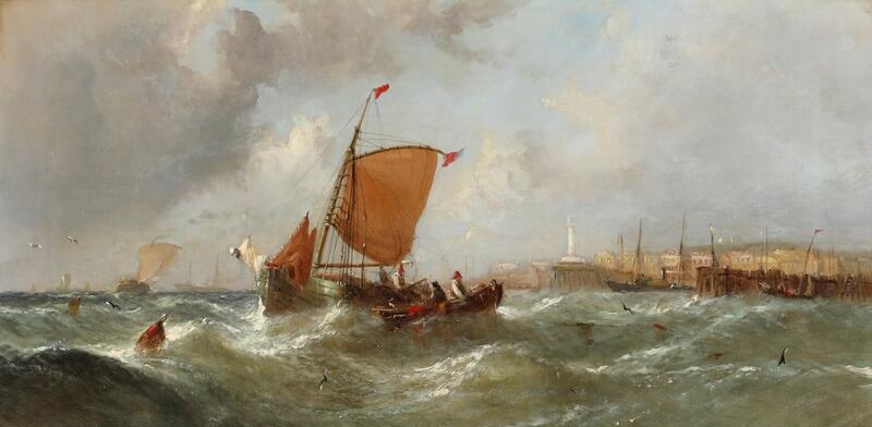 William Calcott Knell | Seascape with sailing boats along a coast (1872 ...