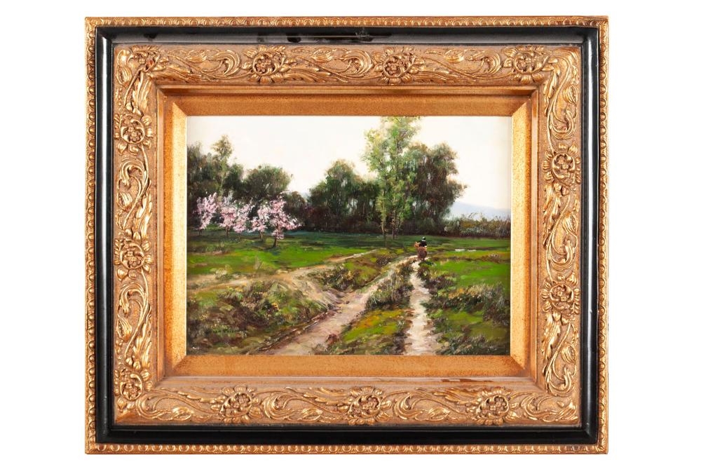 Joan Colomer | Country road landscape with pink blossoming trees off ...