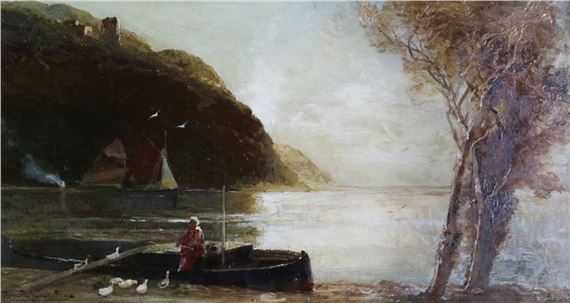 Edwin Ellis | Lady Feeding Geese before Waterside | MutualArt