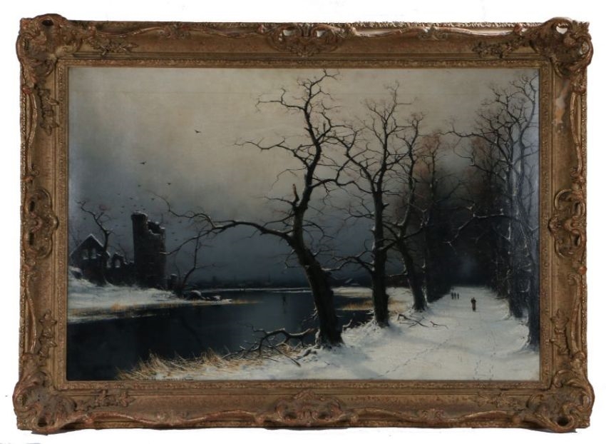 Nils Hans Christiansen | Skaters on a frozen river, flanked by a ruin ...