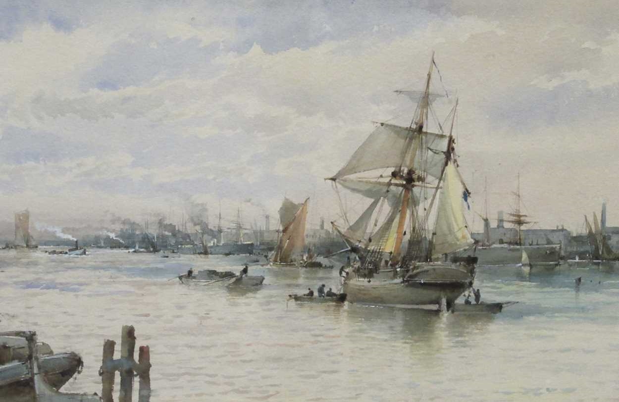 Albert Ernest Markes | Ships anchored on a busy river | MutualArt