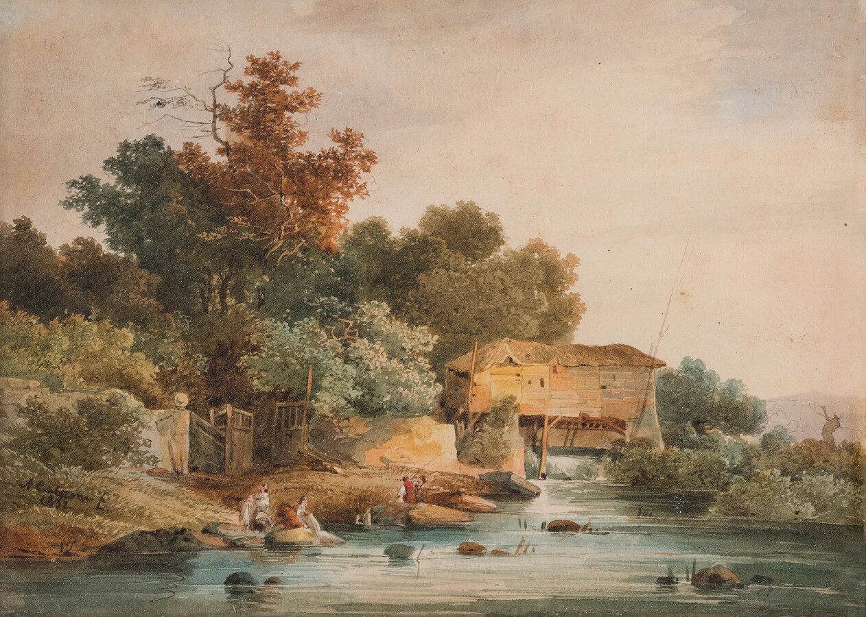 Alexandre Calame | Animated river bank (1832) | MutualArt