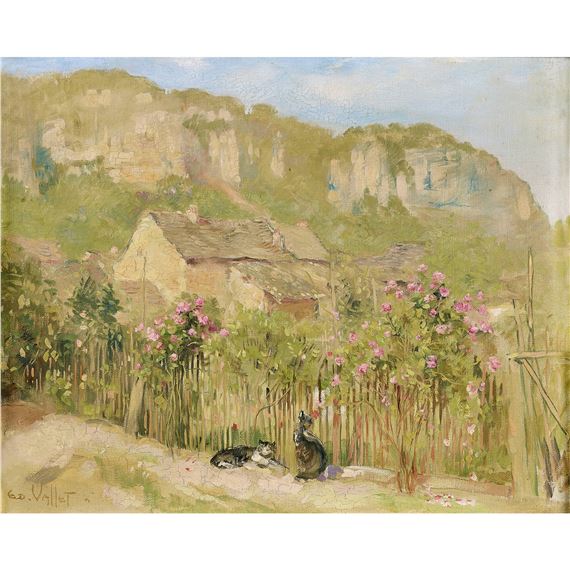 Edouard Vallet | Deux chats devant une haie fleurie | MutualArt
