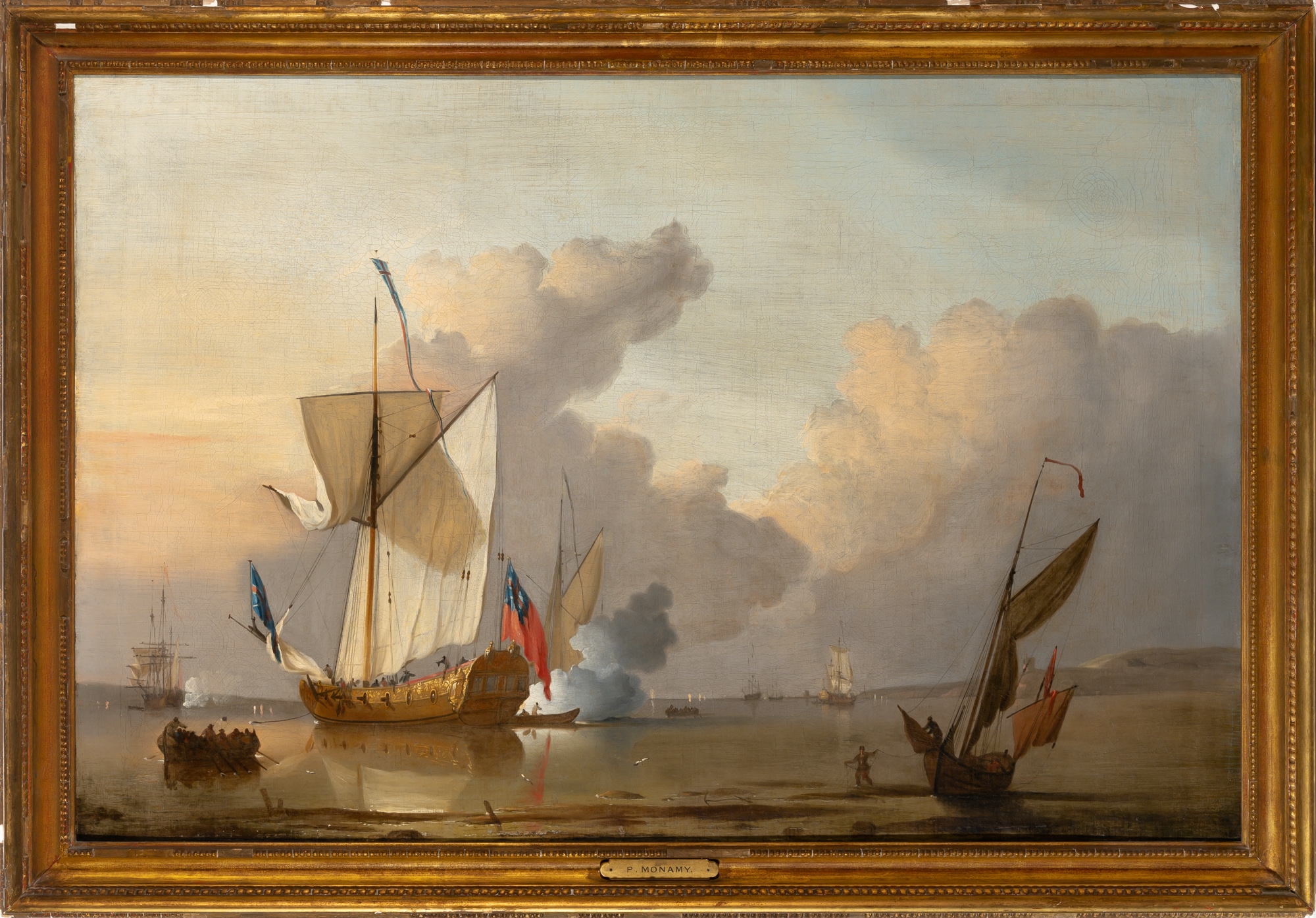 Peter Monamy | A British Man-of-War at Anchor Firing a Salute | MutualArt