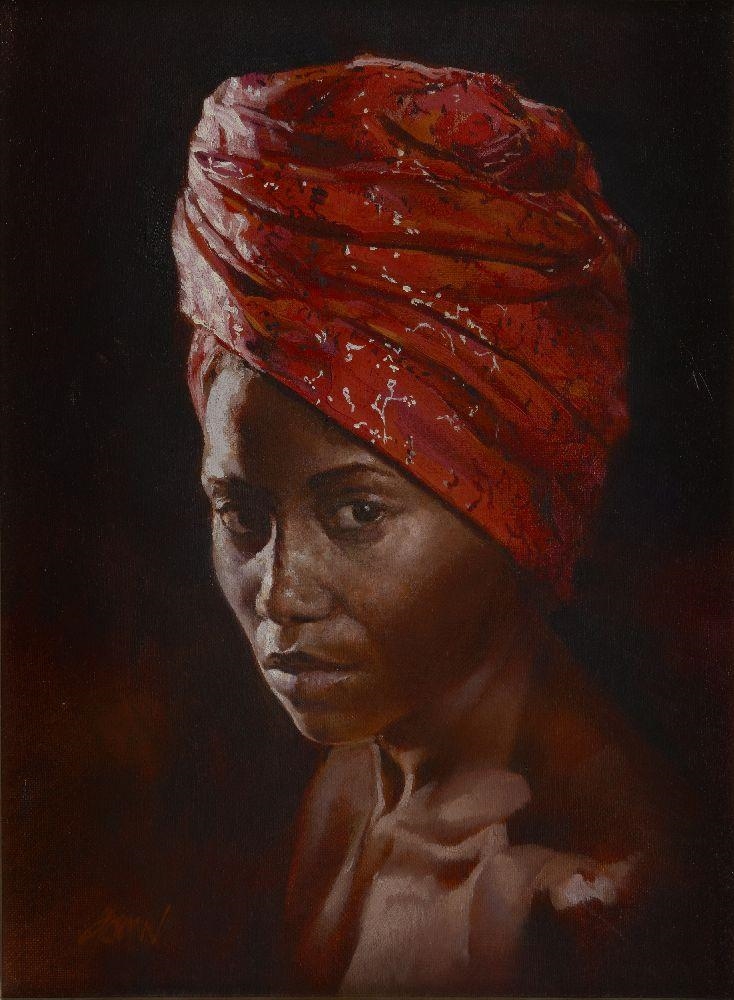 Douw van Heerden | Portrait of a woman in a red headscarf | MutualArt