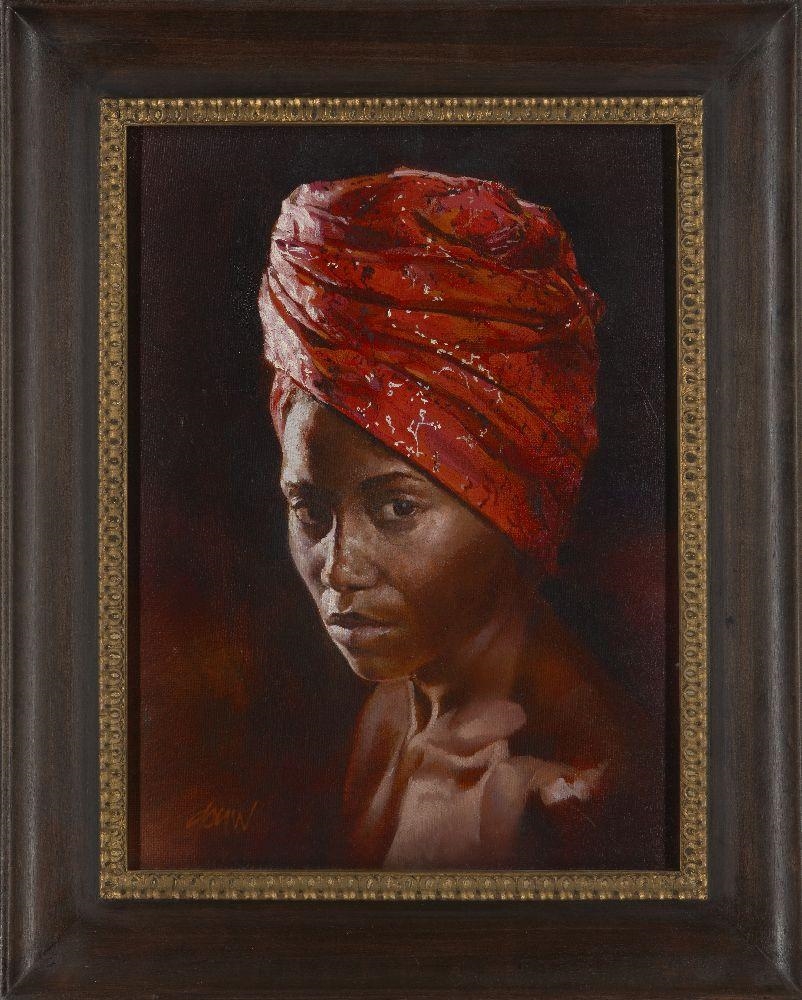 Douw van Heerden | Portrait of a woman in a red headscarf | MutualArt