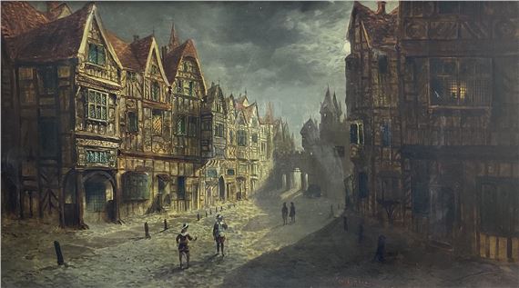 Frank Hider | 17th century Street Scene by Moonlight (1886) | MutualArt