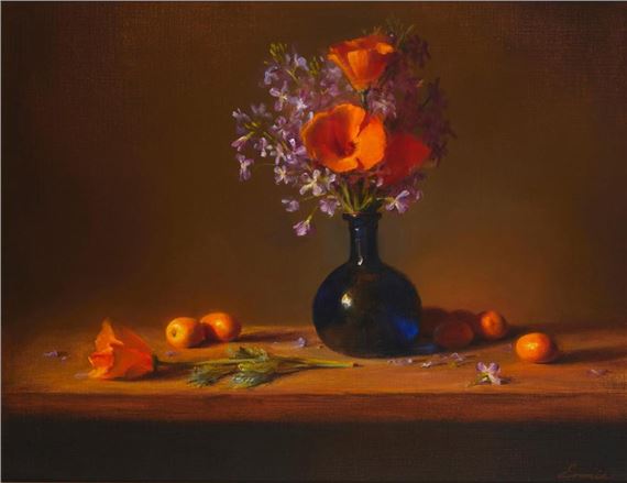 Cary Ennis | Still life with California poppies in a blue glass vase ...
