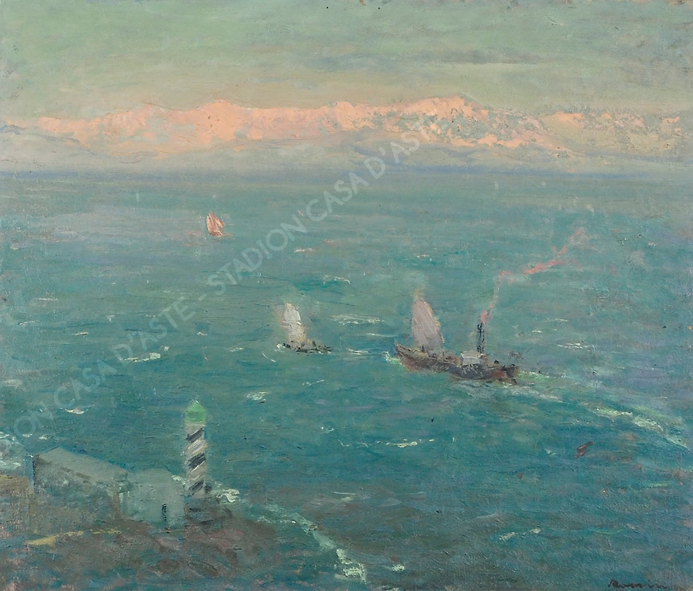 Romano Rossini | Tramonto sul mare con montagne sullo sfondo | MutualArt