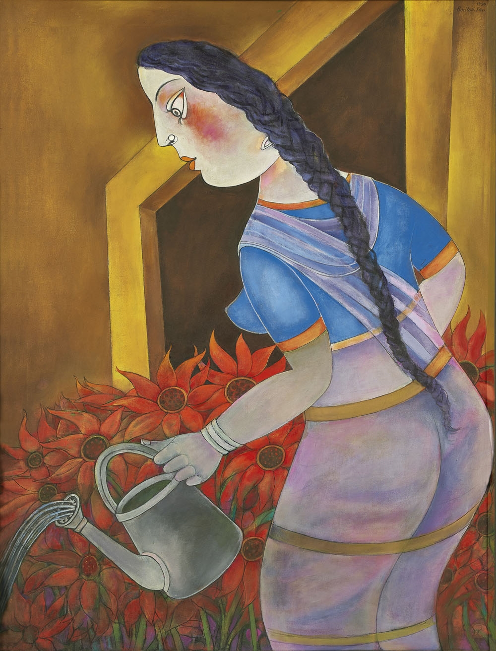 Paritosh Sen | Young Women Watering Sunflower Plants (1990) | MutualArt
