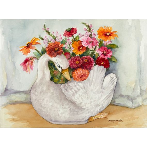 Nancy Martin | Zinnias in a Swan Vase | MutualArt