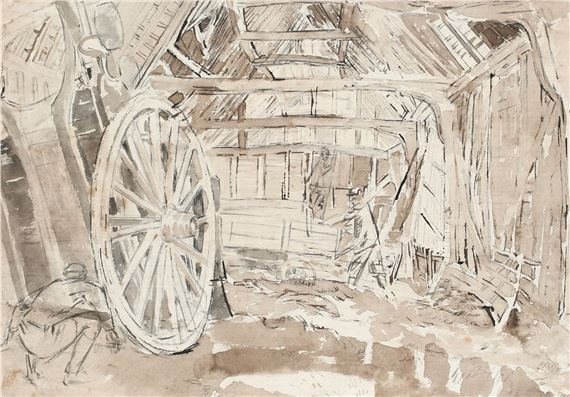 Thomas Hennell | Interior of a barn with men at work | MutualArt