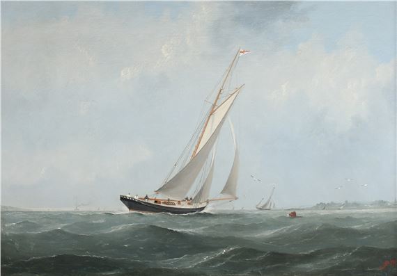 George Mears | Yachts and a steam ship off the coast; Yachts in a stiff ...