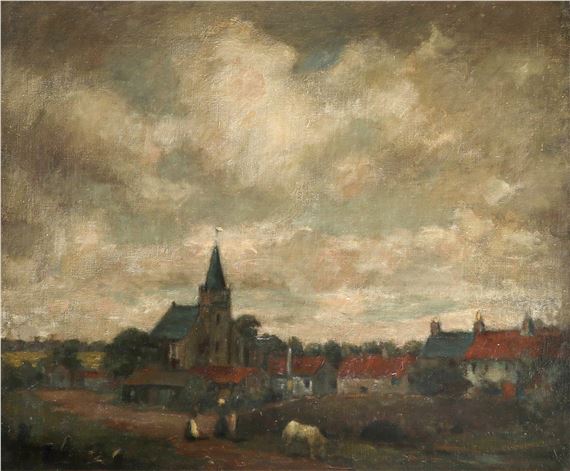 David Muirhead | View of a French village with two figures by a river ...