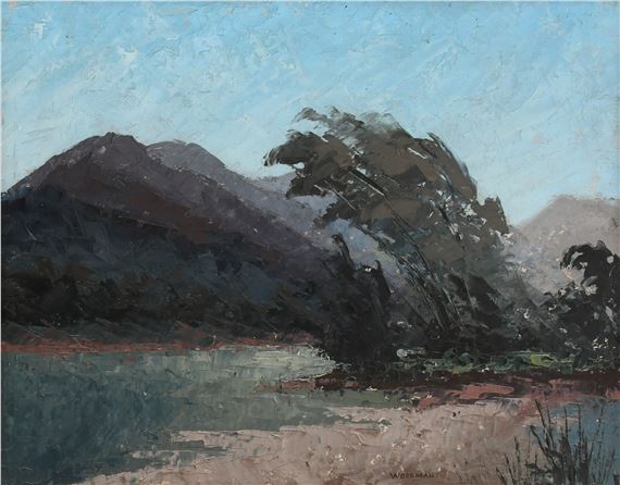 Harold Workman | Mountainous landscape with windswept trees on the ...